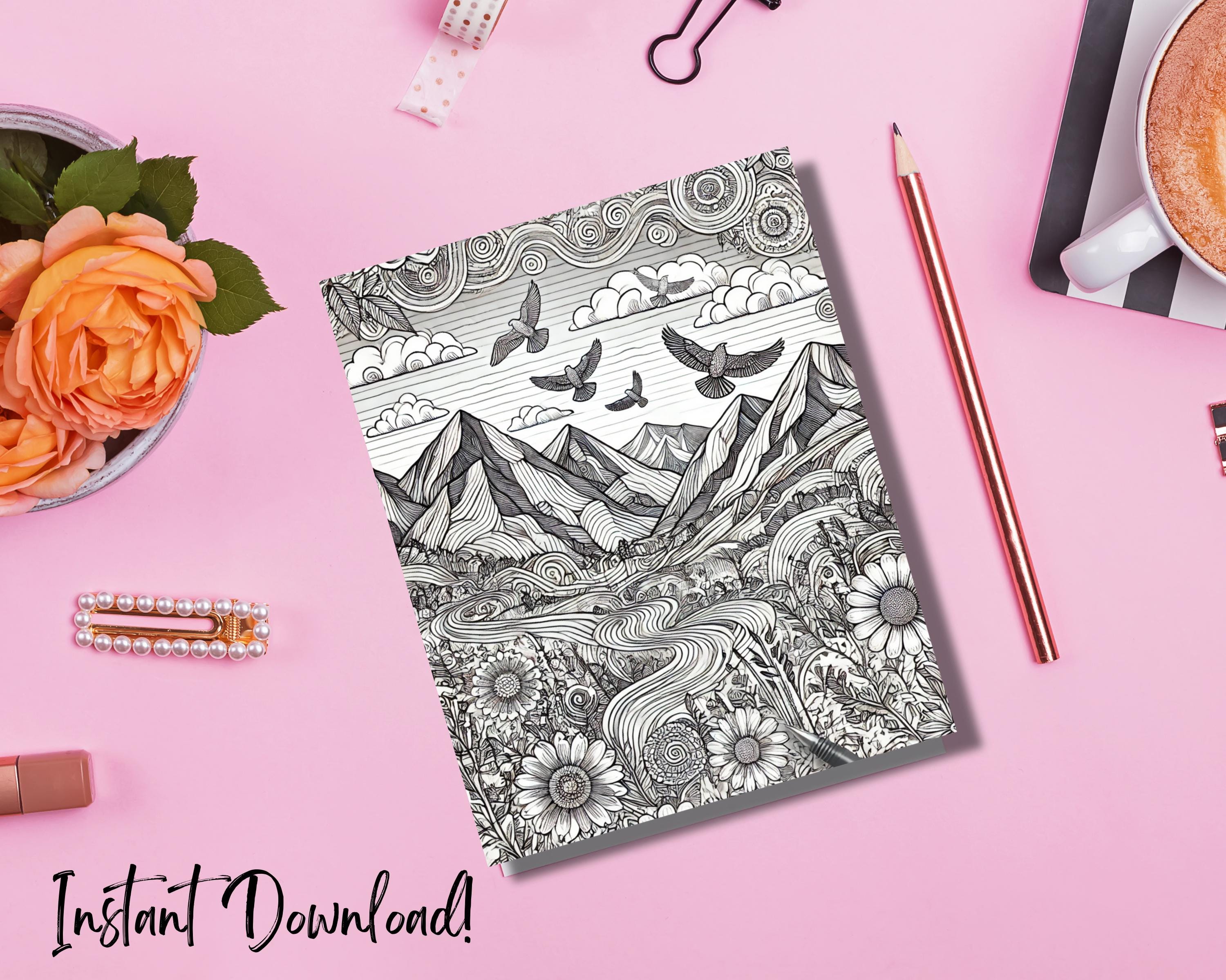 Mindfulness Mountain-themed Adult Coloring Pages | Printable Relaxation ...