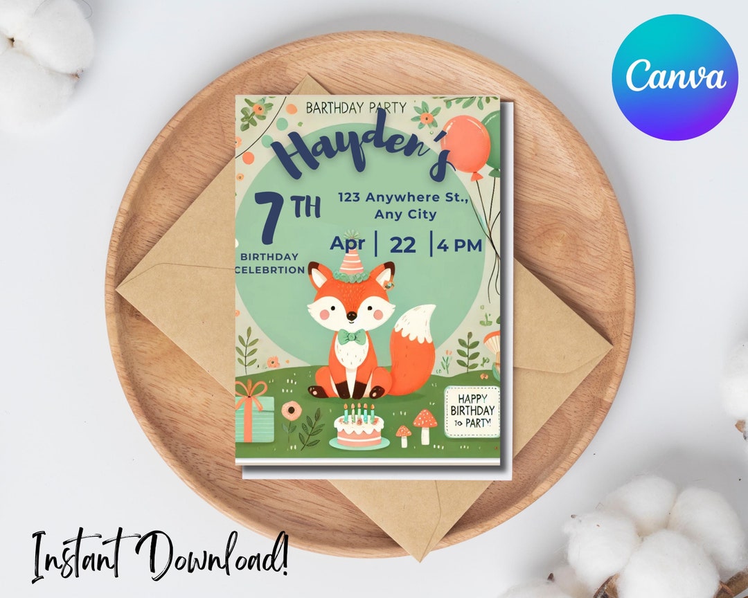 Editable Woodland Fox Birthday Invitation | Boho Chic Animal Party ...