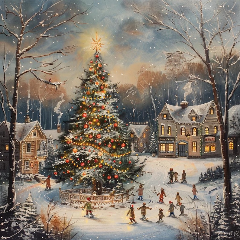 24 Vintage Christmas Tree Village Scene, Holiday Winter Wonderland ...