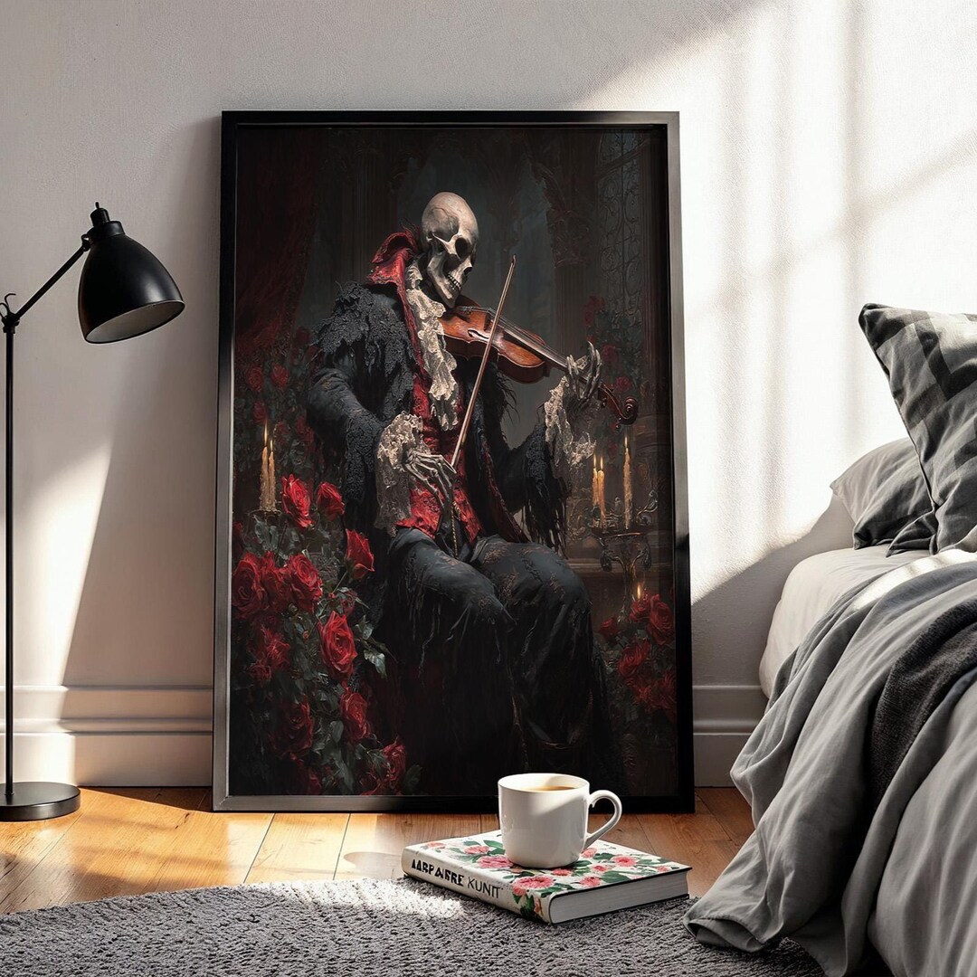 Skeleton Violinist Canvas Wall Art – Gothic Red Black Suit Death ...