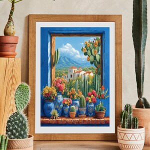 Mexican Style Window View With Cactus and Flowers | Hand-painted ...