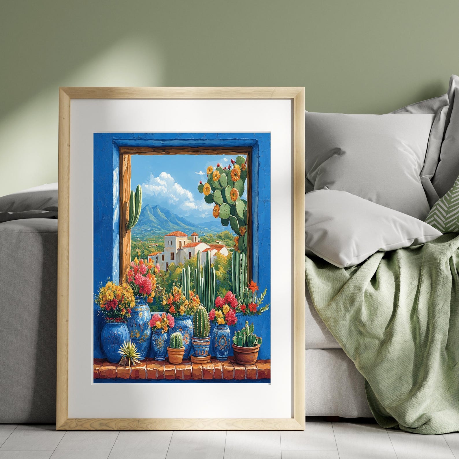 Mexican Style Window View With Cactus and Flowers | Hand-painted ...