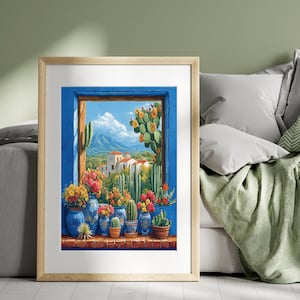 Mexican Style Window View With Cactus and Flowers | Hand-painted ...