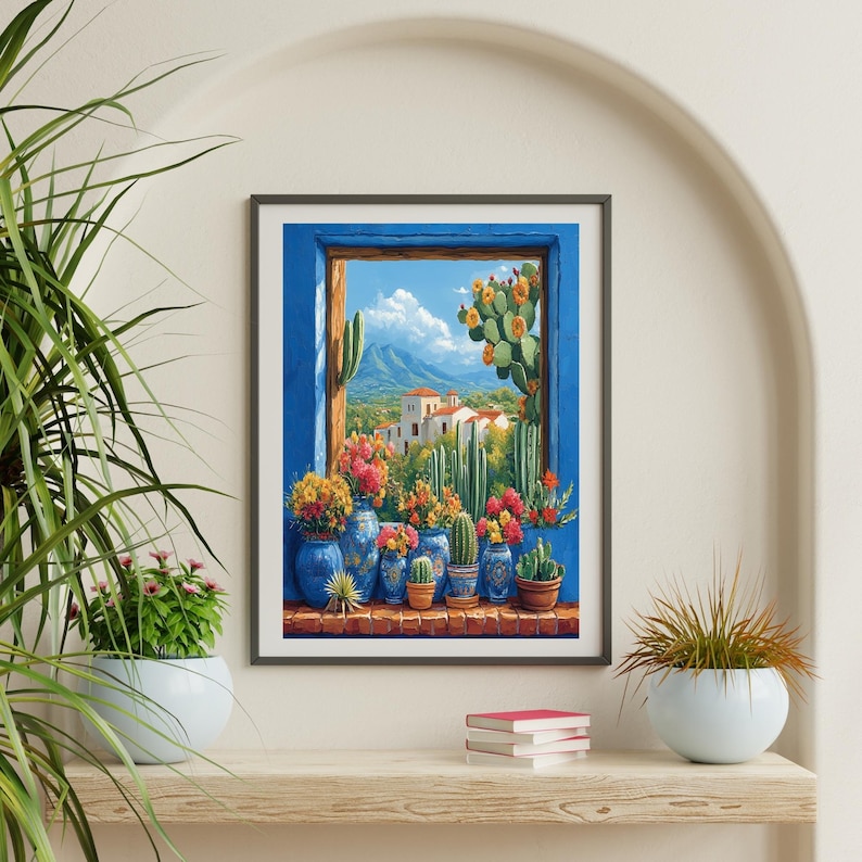 Mexican Style Window View With Cactus and Flowers | Hand-painted ...