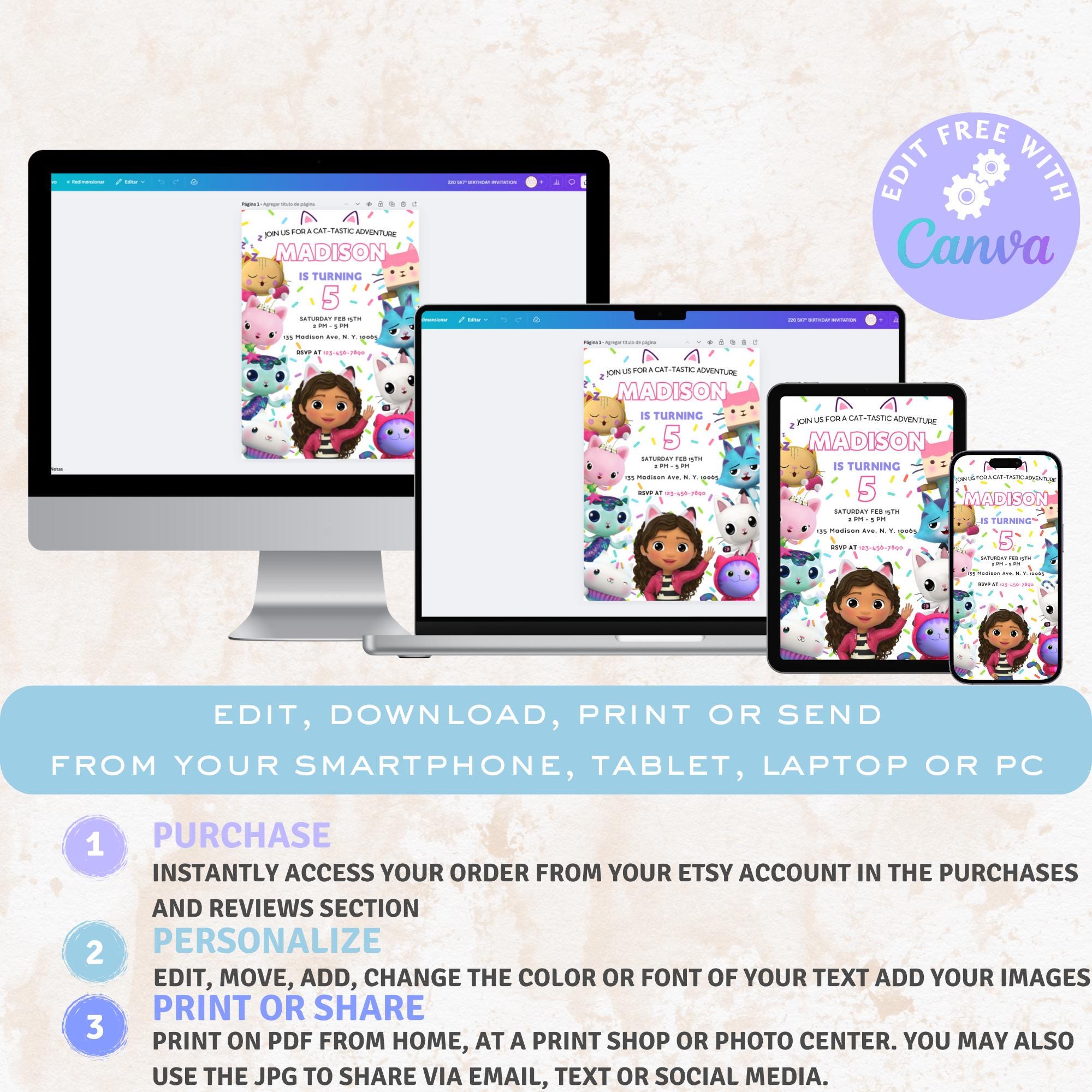Editable Gabbys Dollhouse Birthday Invitation, Gabby Kids Party Invites ...