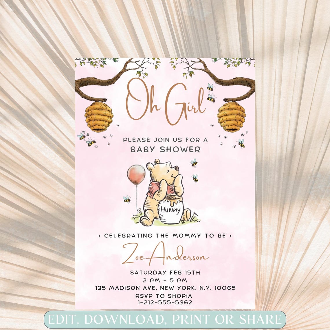 Winnie the Pooh Baby Shower Invitation, Pink Winnie the Pooh Invitation ...