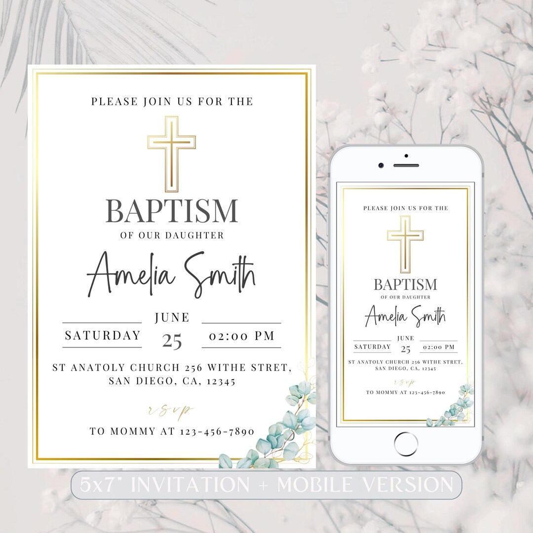 Baptism Invitation, Greenery Gold Baptism Invitation, Electronic ...
