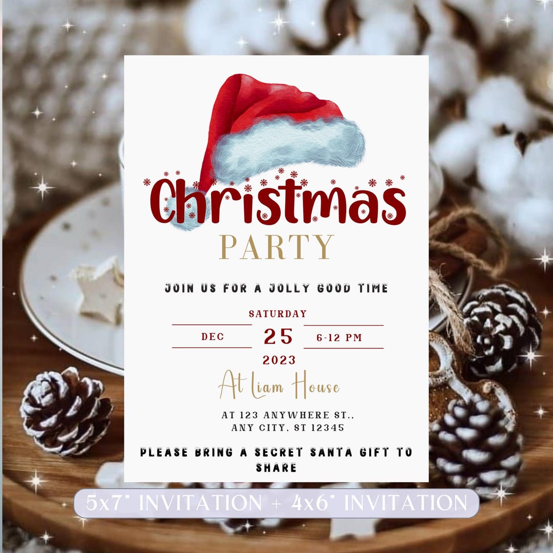 Editable Christmas Party Invitation, Hat Santa Christmas Invitation ...