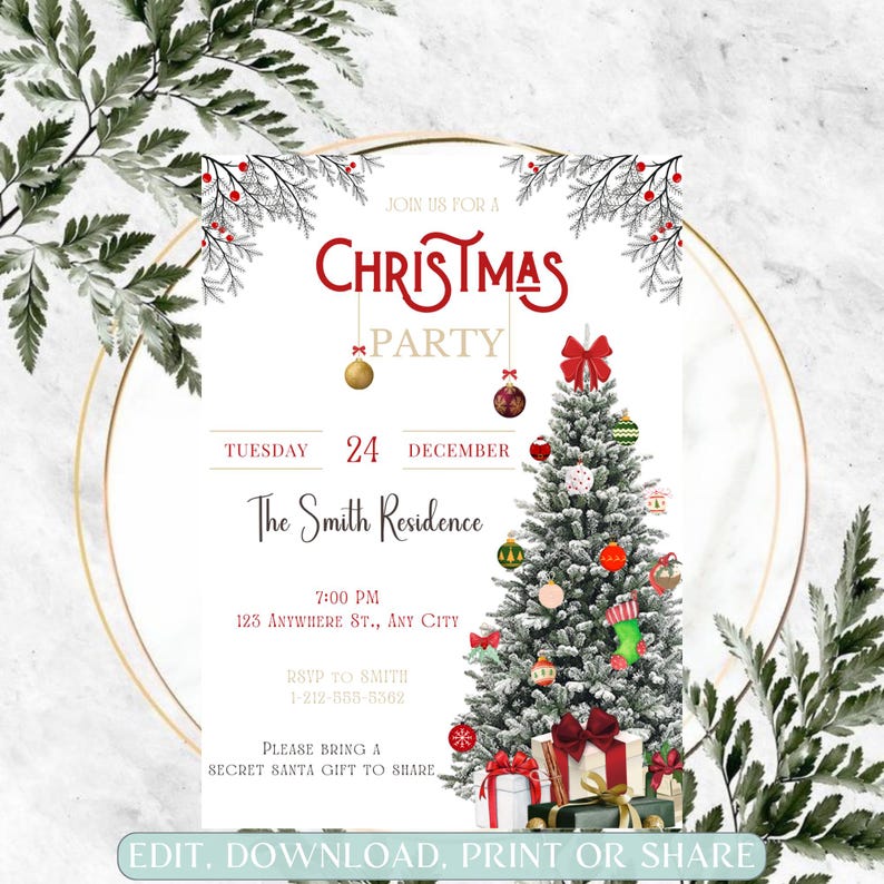 Editable Christmas Party Invitation, Christmas Tree Invitation, Holiday ...