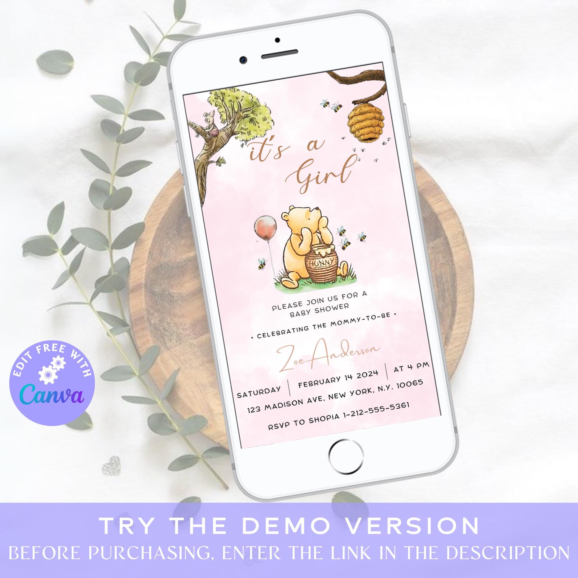 Editable Winnie the Pooh Baby Shower Invitation, Pink Winnie the Pooh ...