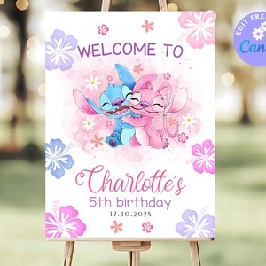Stitch and Angel Birthday Party Welcome Sign, Editable Stitch Welcome ...