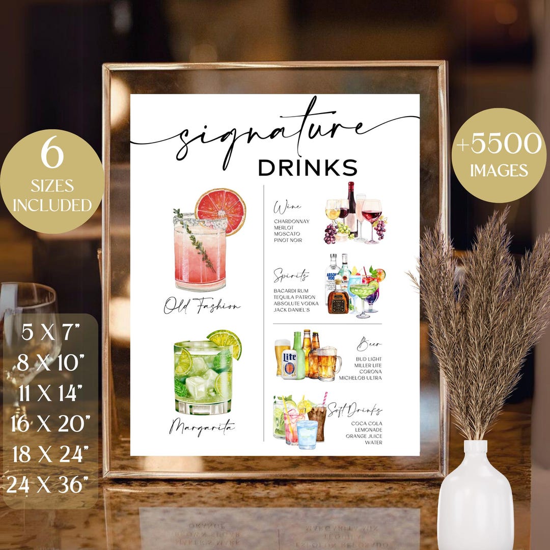 Signature Drinks Sign, Bar Menu Template, Minimalist Printable Bar Menu ...