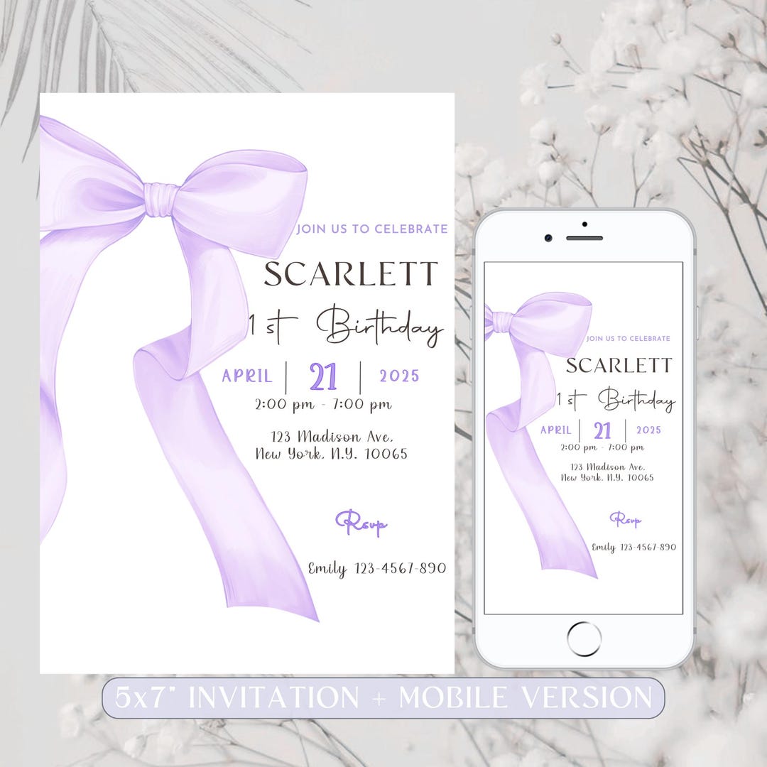 Lilac Bow 1st Birthday Invitation, Lilac Coquette Bow Invitation 1st ...