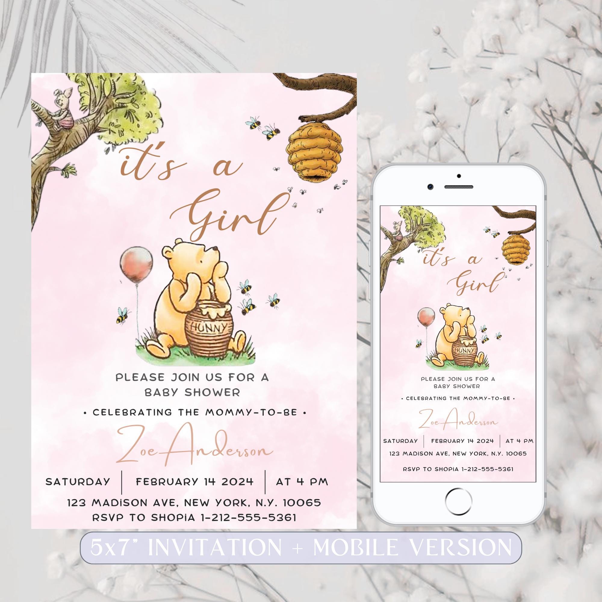 Editable Winnie the Pooh Baby Shower Invitation, Pink Winnie the Pooh ...