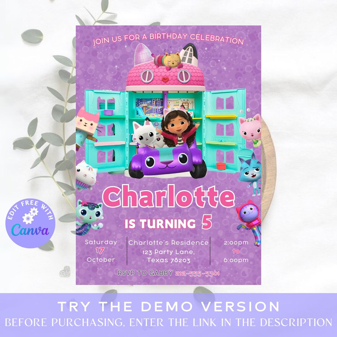Editable Gabbys Dollhouse Birthday Invitation, Gabby Kids Party Invites ...