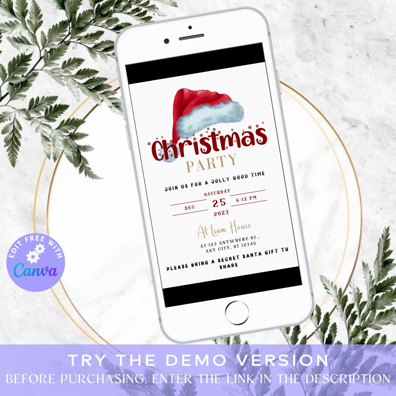 Editable Christmas Party Invitation, Hat Santa Christmas Invitation ...