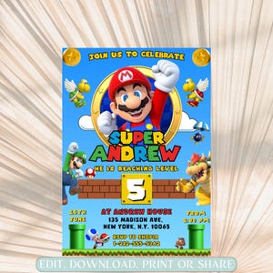 Editable Super Mario Birthday Invitation: Video Game Theme (digital ...
