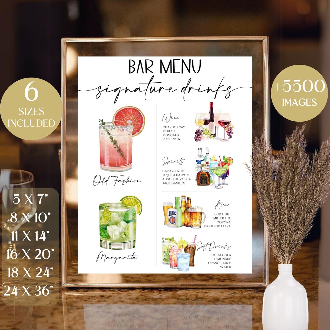 Bar Menu Template, Minimalist Printable Bar Menu, Signature Drinks Sign ...