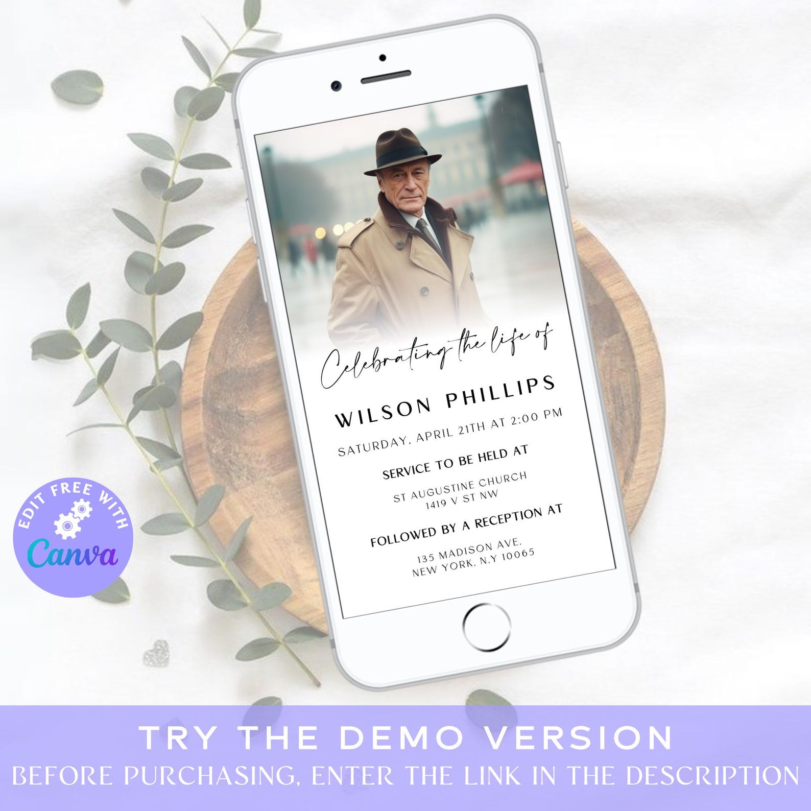 Digital Funeral Invitation Celebration of Life Phone White Photo ...