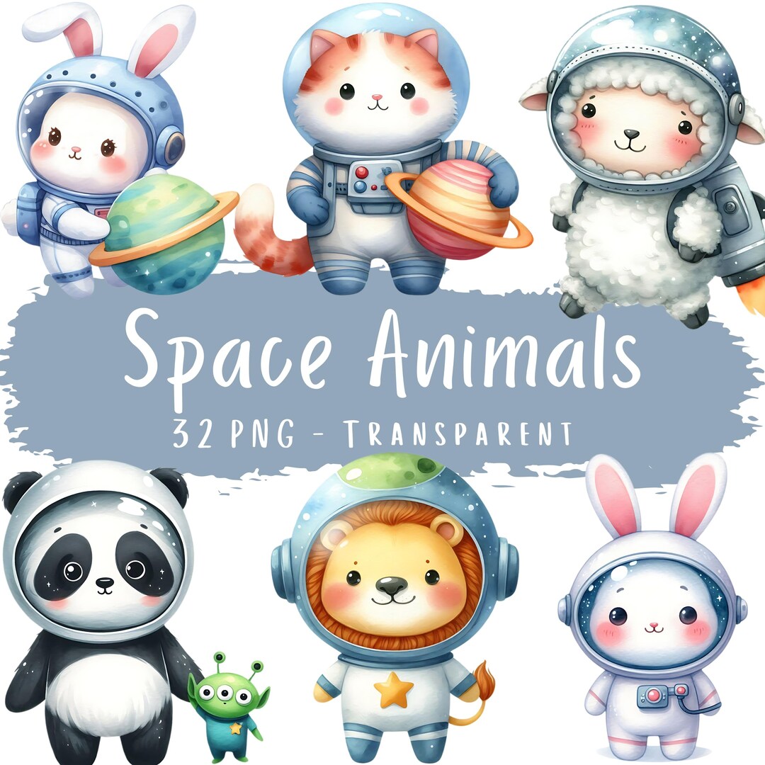 Space Animals Clipart Bundle 32 PNG High Quality Watercolor Astronout ...