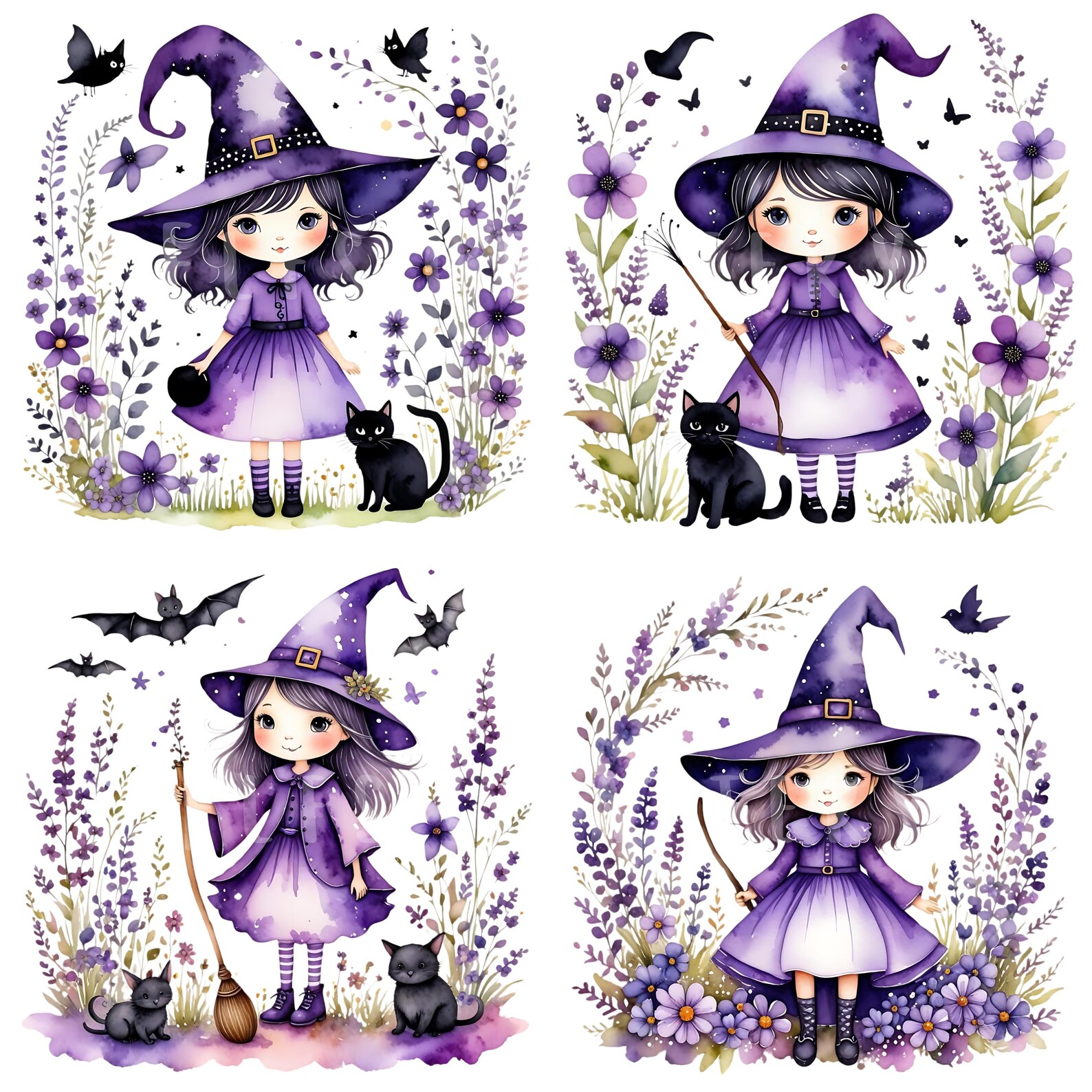 Purple Little Witch Clipart Bundle 15 PNG Watercolor Witch Digital ...