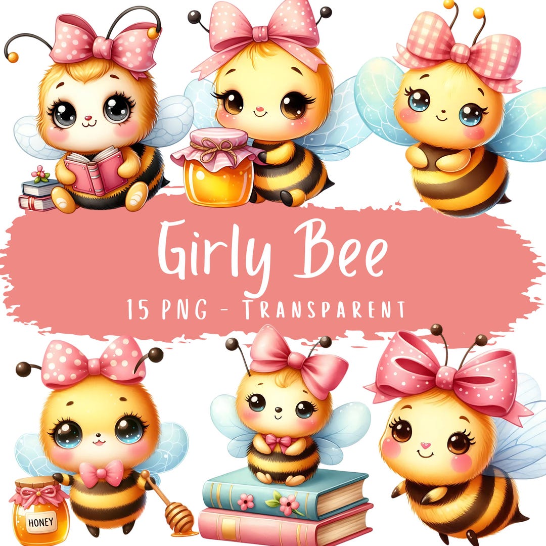 Girly Bee Clipart Bundle 15 PNG High Quality Watercolor Cute Pink ...
