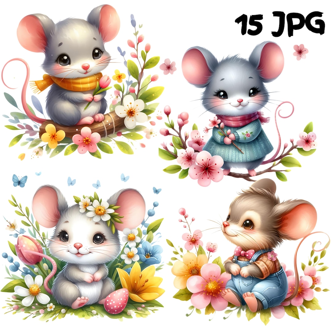 15 JPG Spring Mouse Clipart Bundle Watercolor Cute Floral Mouse Digital ...
