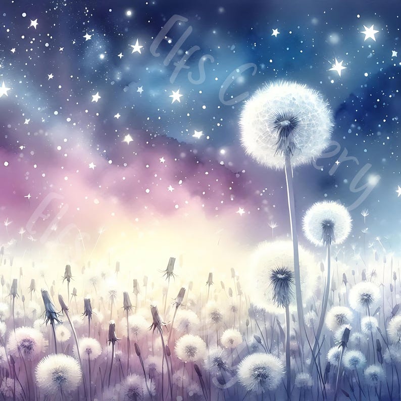 15 JPG Starry Night Dandelions Digital Art Bundle Watercolor Oil ...