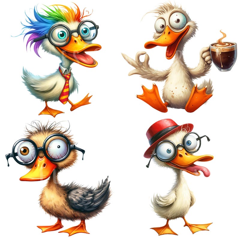 Crazy Duck Clipart Bundle 15 PNG High Quality Watercolor Quirky Duck ...