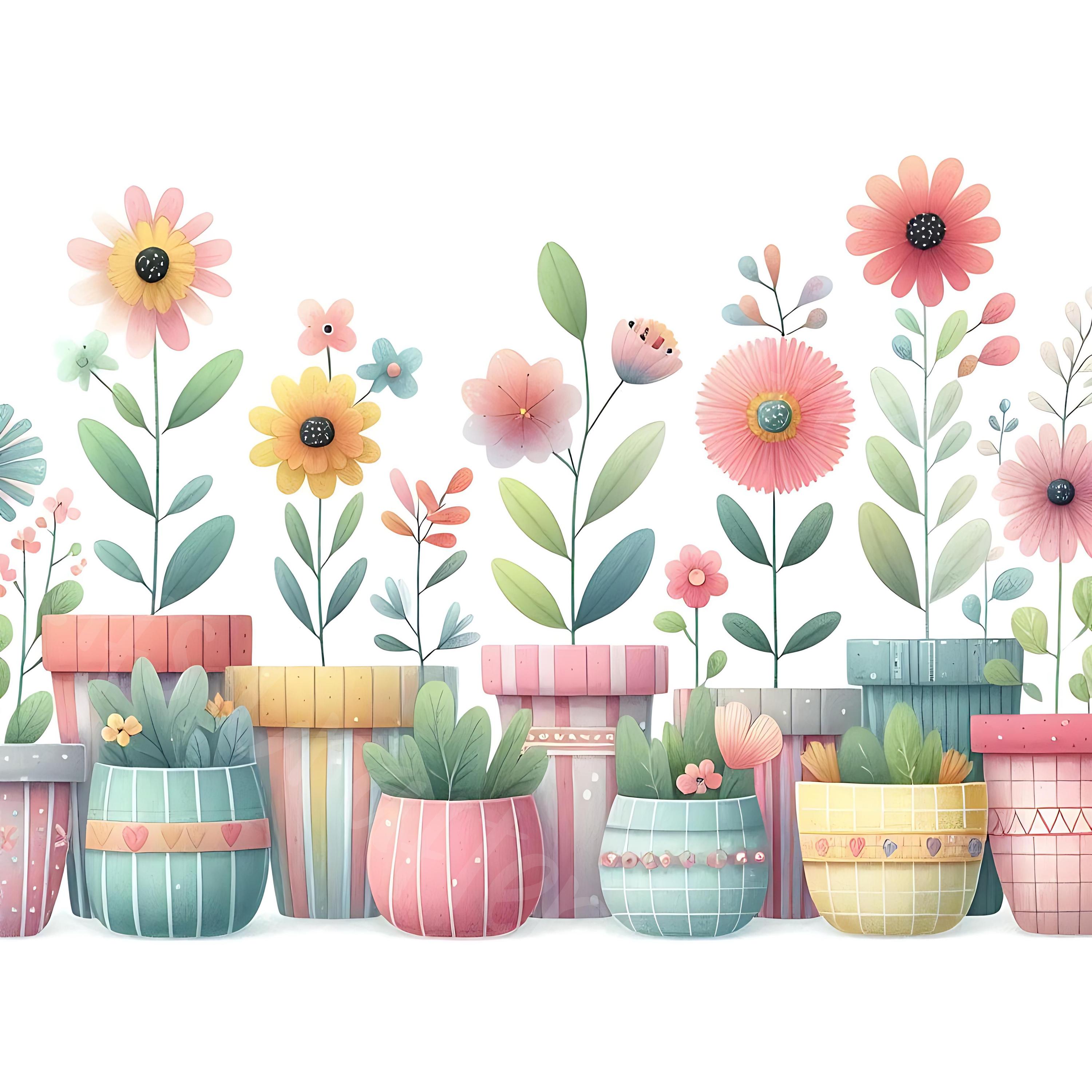 15 JPG Pastel Flower Pots Digital Art Bundle Beautiful Whimsical ...