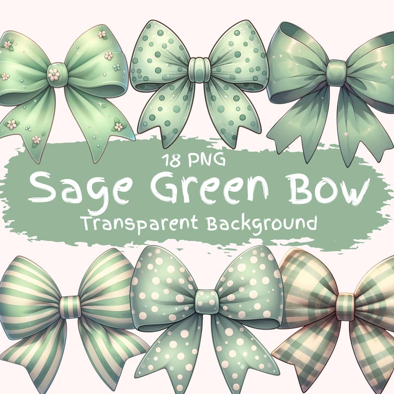 Sage Green Bow Clipart Bundle 18 PNG Digital Download Printable Pastel ...