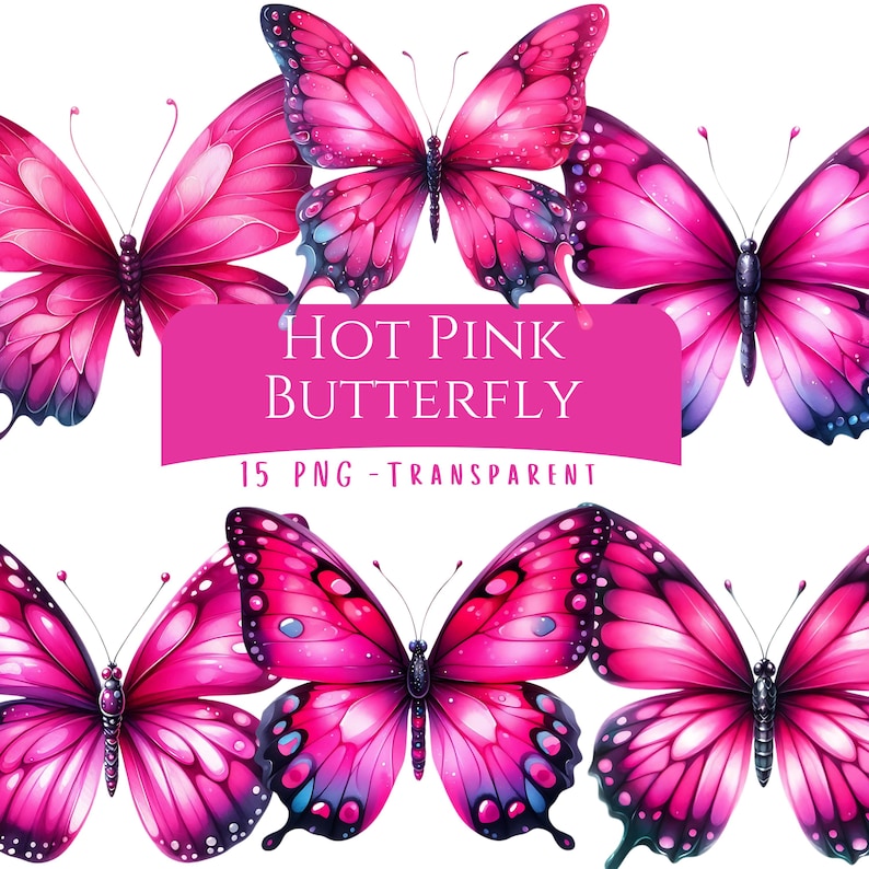 Hot Pink Butterfly Clipart Bundle 15 PNG High Quality Watercolor Bright ...
