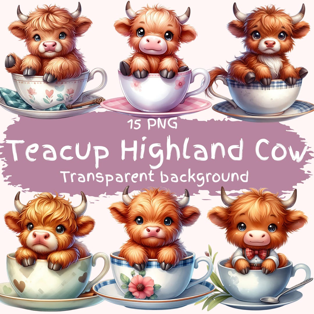 Teacup Highland Cow Clipart Bundle 15 PNG High Quality Cartoon Cute ...