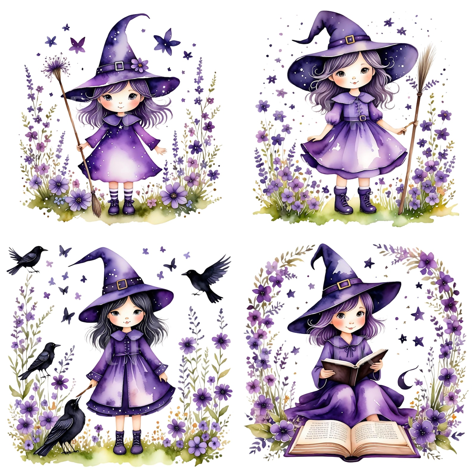 Purple Little Witch Clipart Bundle 15 PNG Watercolor Witch Digital ...