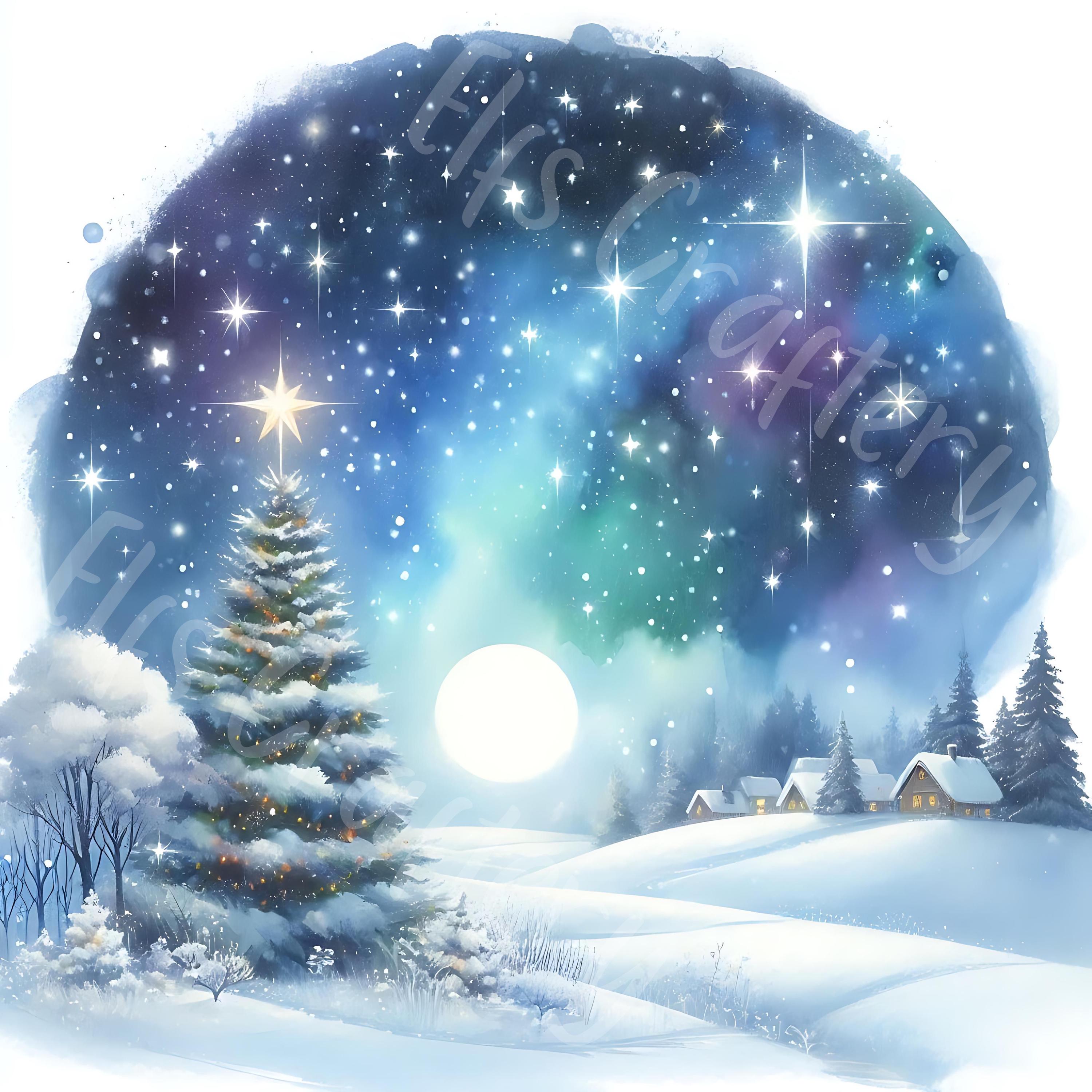 15 JPG Starry Night White Christmas Digital Art Bundle Watercolor ...