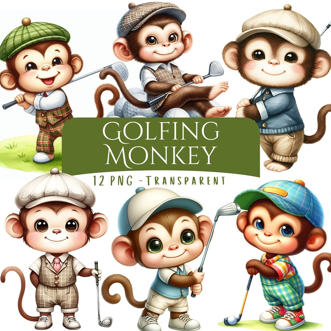 12 PNG Golfing Monkey Clipart Bundle, Watercolor Moneky, Golf Ball ...