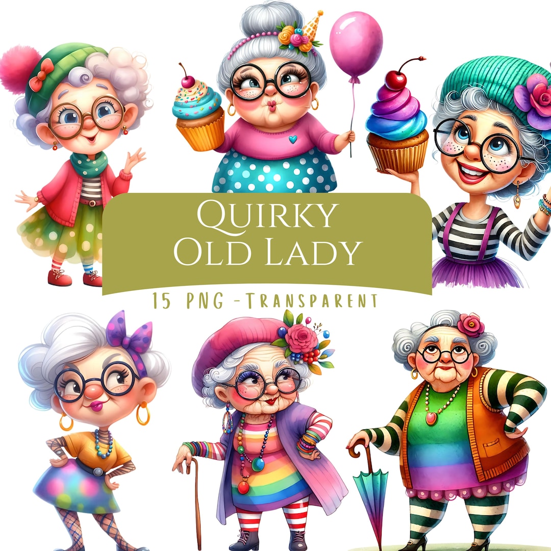 Quirky Old Lady Clipart Bundle 15 PNG High Quality Watercolor Quirky ...