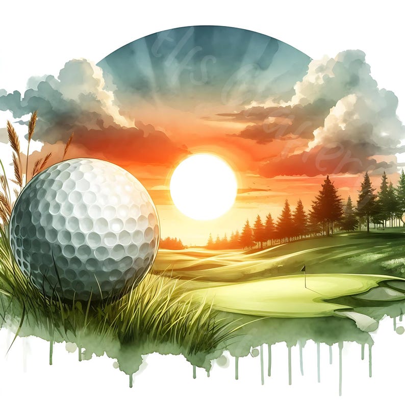 15 JPG Sunset Golf Clipart Bundle Watercolor Golf Landscape Digital ...