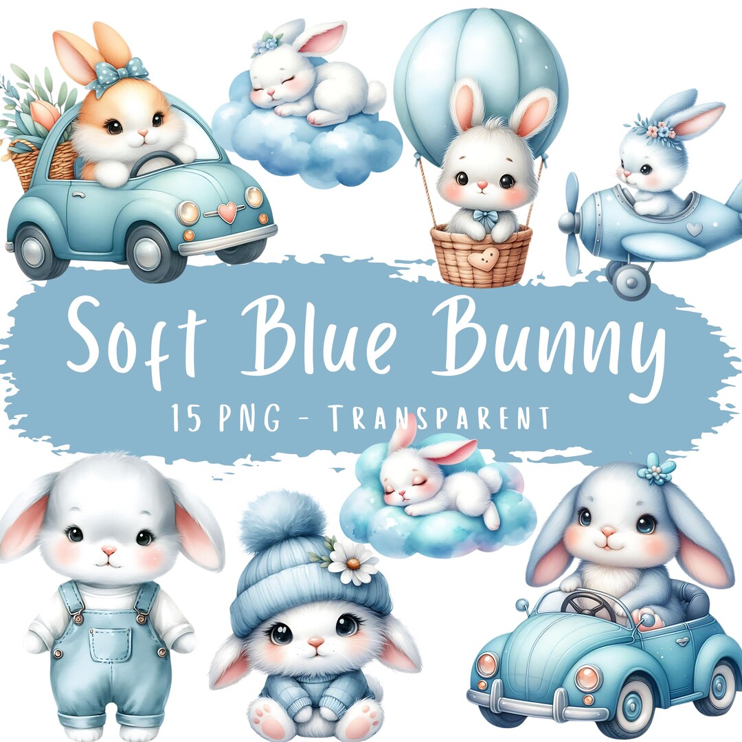 Soft Blue Bunny Clipart Bundle 15 PNG Watercolor Baby Bunny Nursery ...