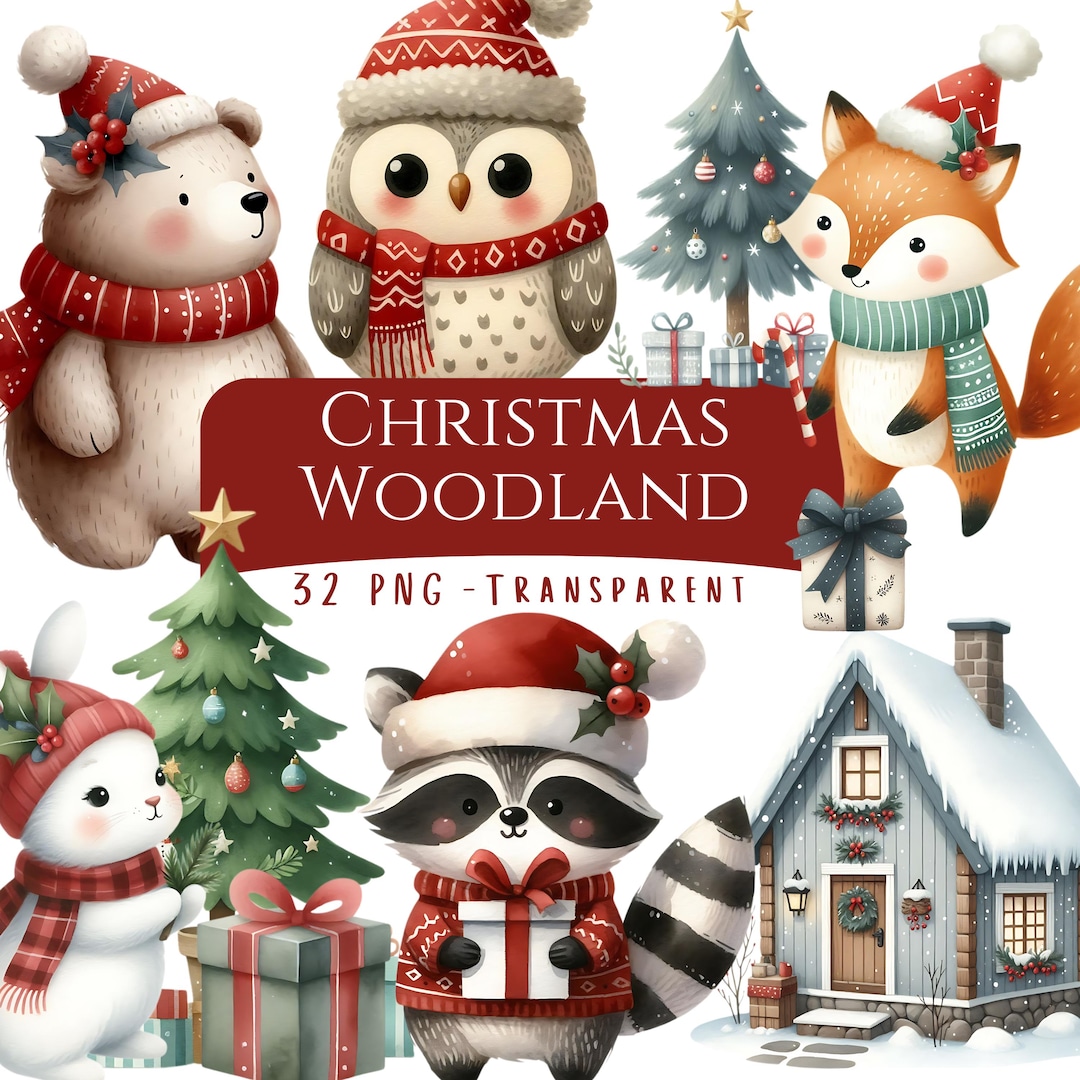 Christmas Woodland Clipart Bundle 32 PNG High Quality Cute Watercolor ...