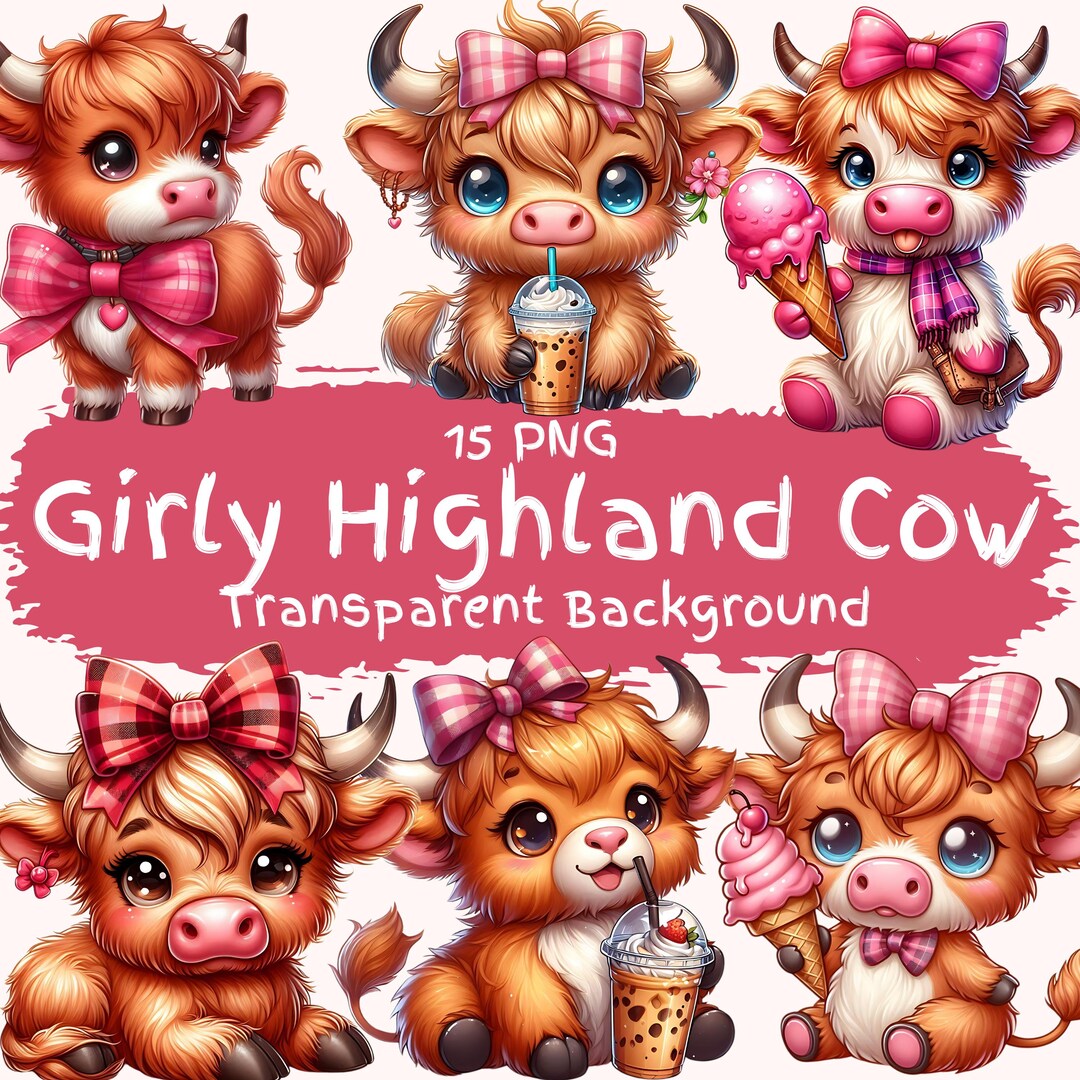 Girly Highland Cow Clipart Bundle 15 PNG High Quality Cartoon Cute Pink ...