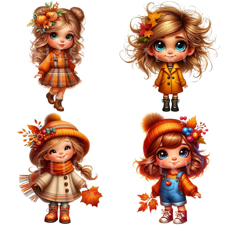 Little Autumn Girl Clipart Bundle 15 PNG High Quality Watercolor Quirky ...