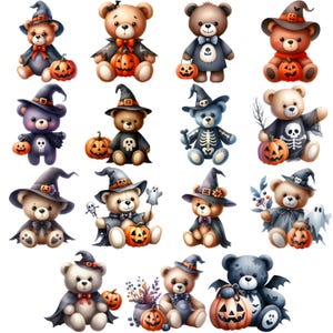 Halloween Teddy Bear Clipart Bundle 15 PNG High Quality Watercolor Cute ...