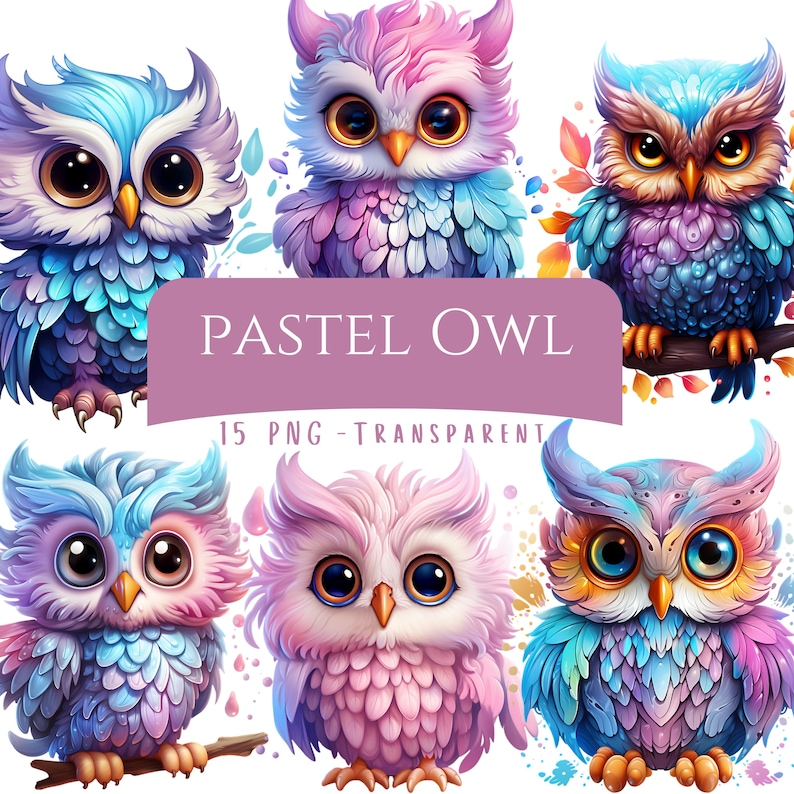 Pastel Owl Clipart Bundle 15 PNG Digital Download Printable Cute Pink ...