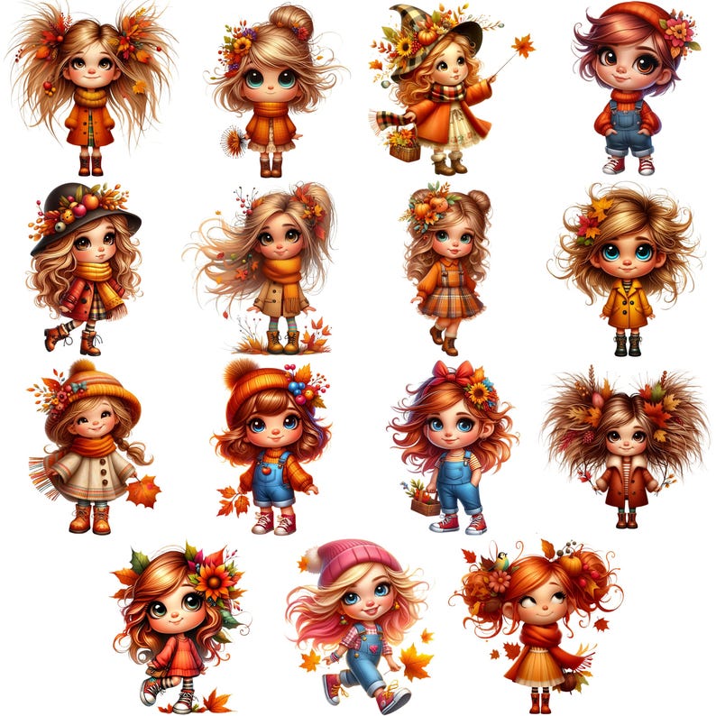 Little Autumn Girl Clipart Bundle 15 PNG High Quality Watercolor Quirky ...