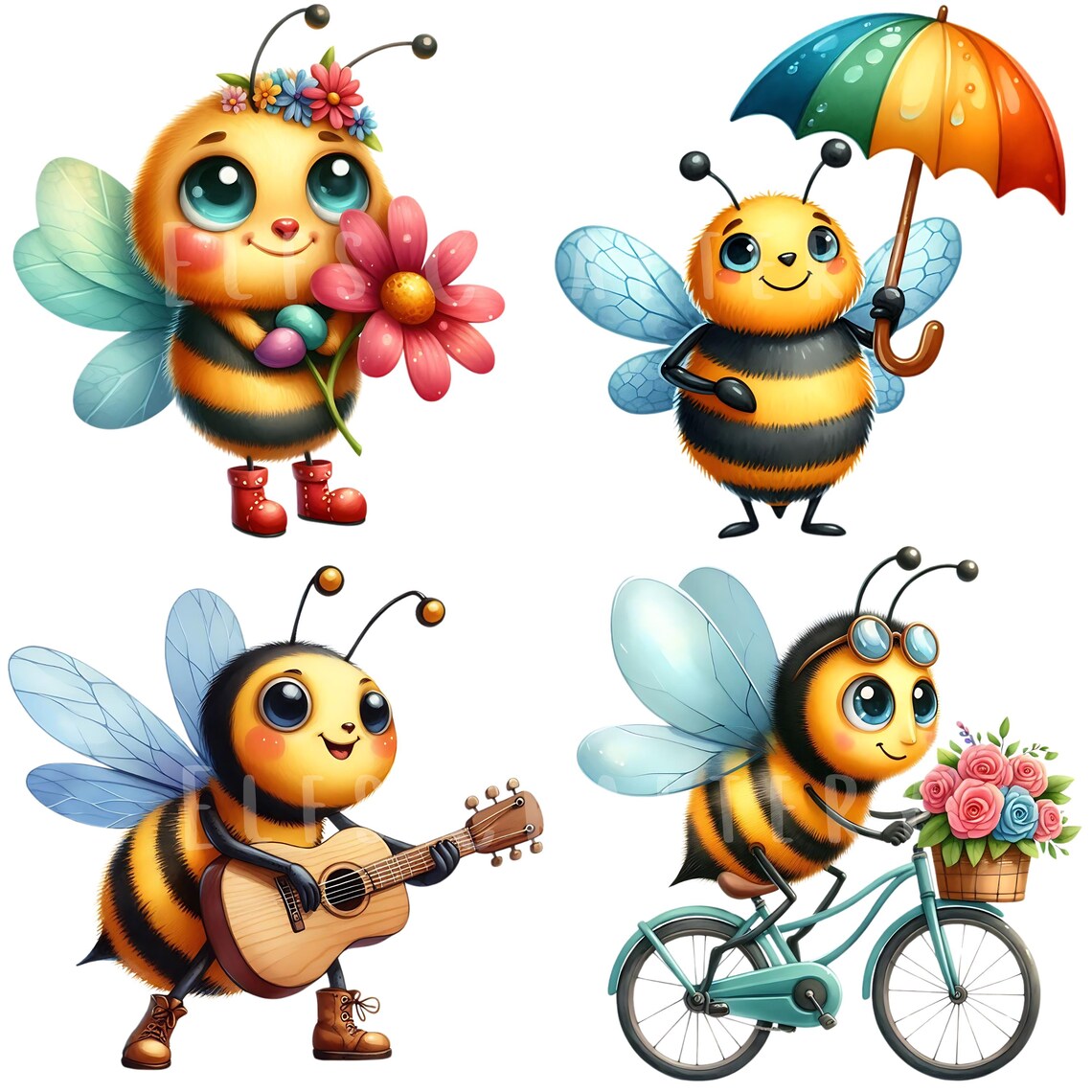 Funny Bee Clipart Bundle 15 PNG Watercolor Cute Quirky Honey Bee ...