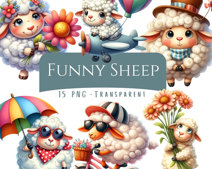 Funny Sheep Watercolor Clipart Bundle: Quirky Farm Animal PNG (digital ...