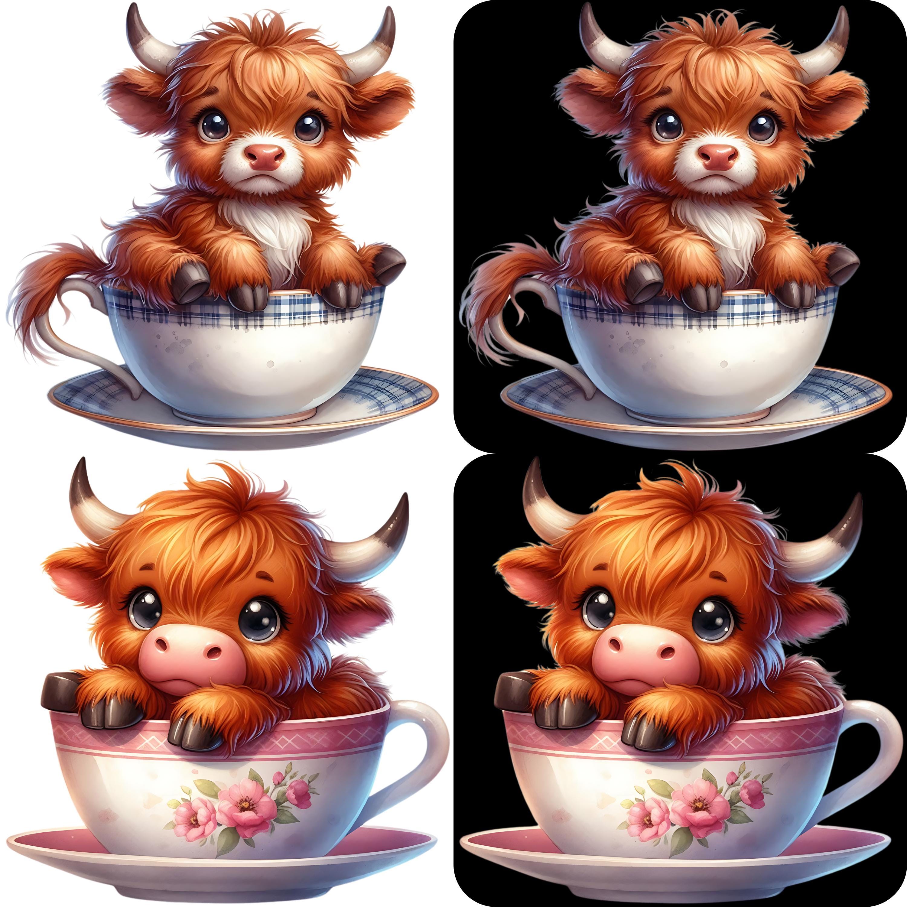 Teacup Highland Cow Clipart Bundle 15 PNG High Quality Cartoon Cute ...