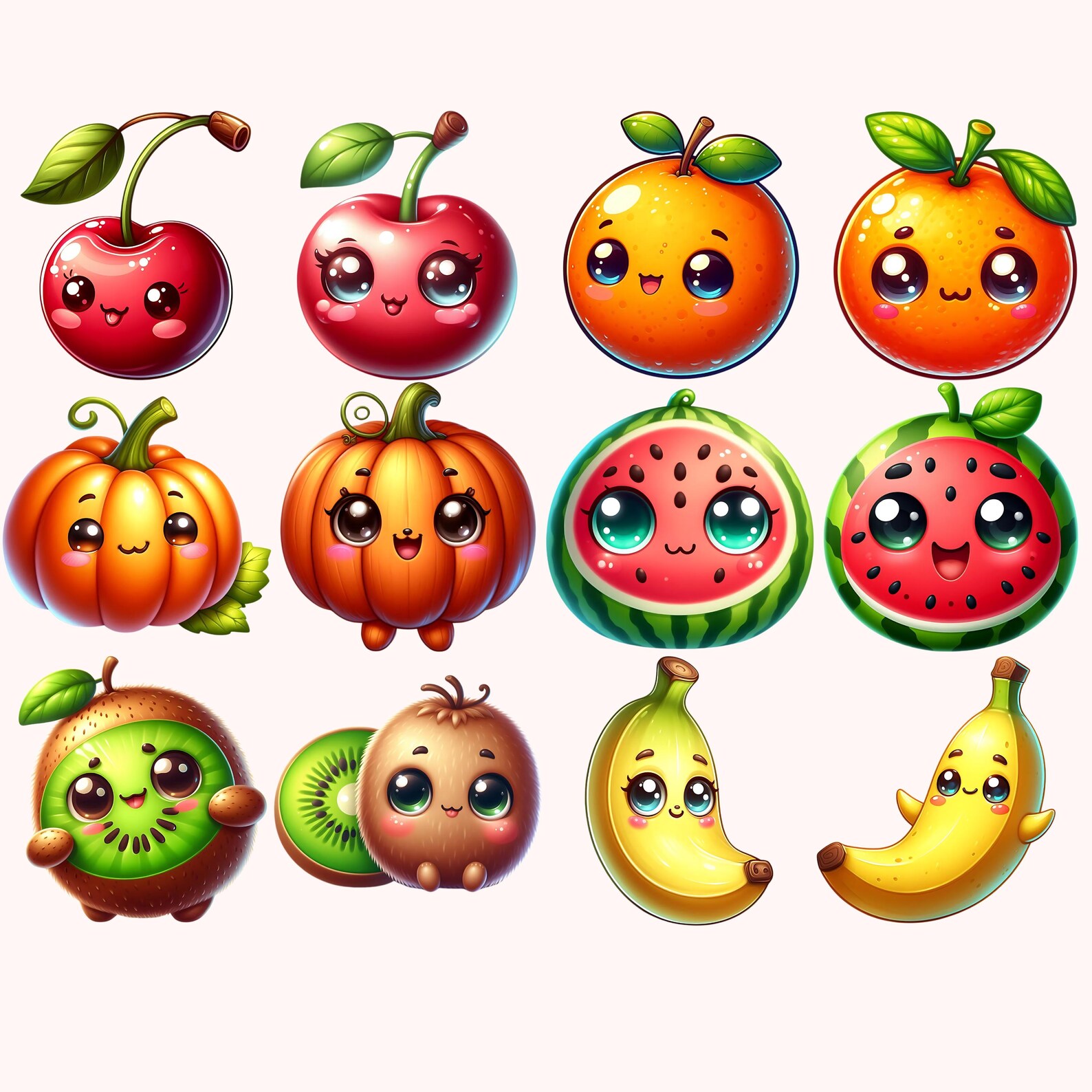Cute Fruits Clipart Bundle 24 PNG Cartoon Fruit Faces Happy Printable ...