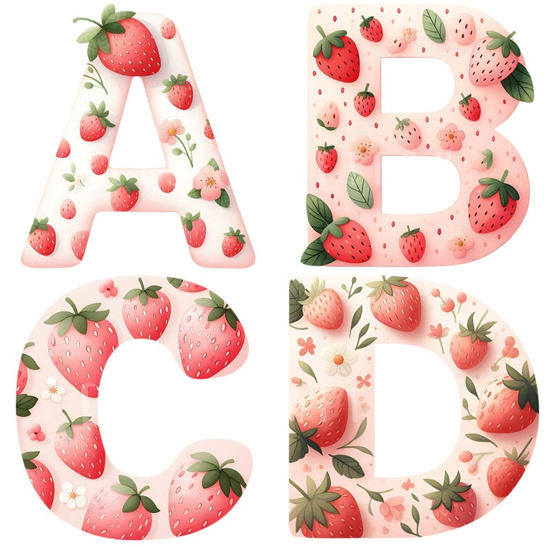 Strawberry Alphabet Clipart Bundle 37 PNG Watercolor Berry First ...